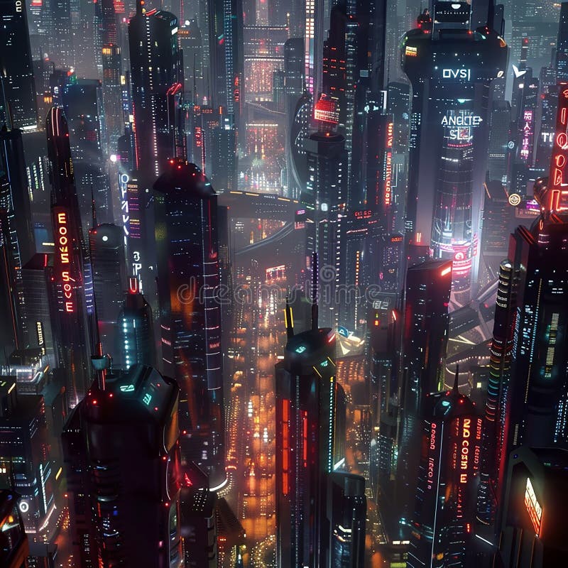 Future Cyber City with Large Technical Building and Lights Stock ...