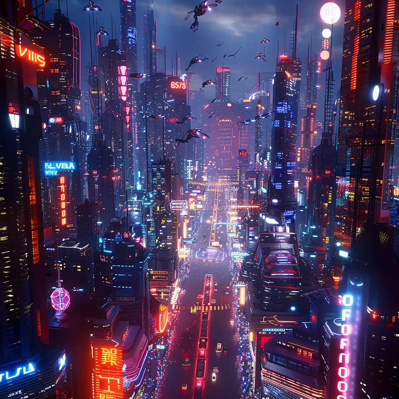 Future Cyber City with Large Technical Building and Lights Stock ...