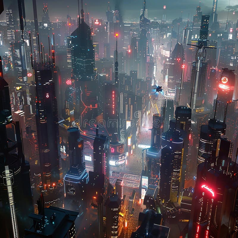 Future Cyber City with Large Technical Building and Lights Stock ...