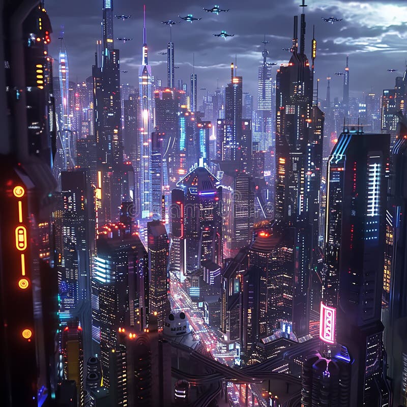 Future Cyber City with Large Technical Building and Lights Stock ...