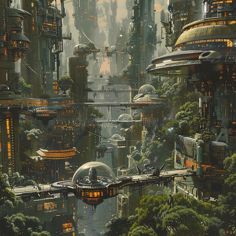 Future Cyber City with Large Technical Building and Lights Stock ...