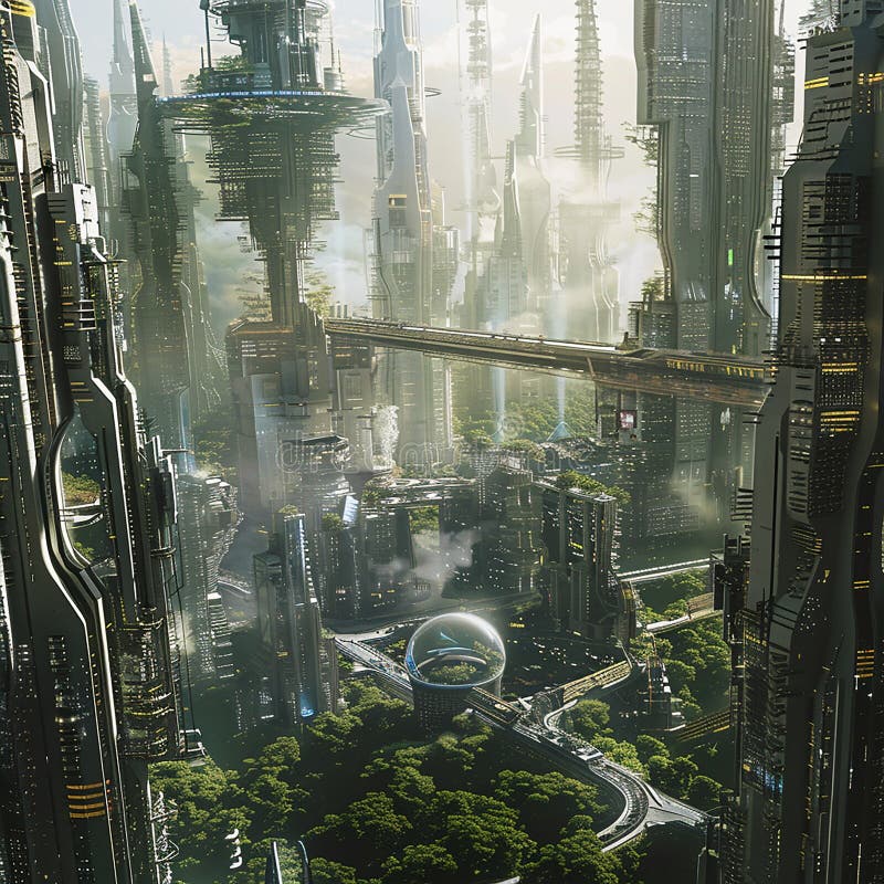 Future Cyber City with Large Technical Building and Lights Stock ...