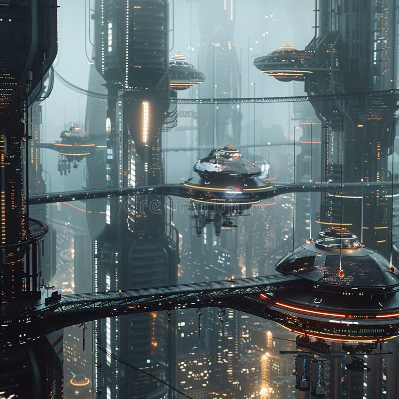 Future Cyber City with Large Technical Building and Lights Stock ...