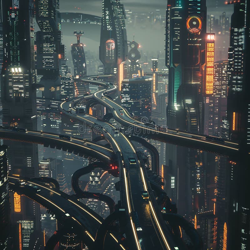 Future Cyber City with Large Technical Building and Lights Stock ...