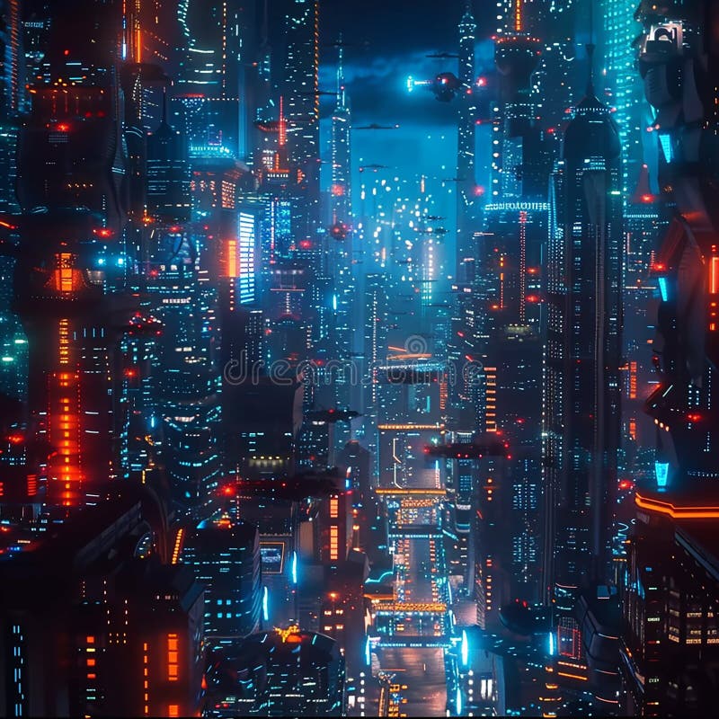 Future Cyber City with Large Technical Building and Lights Stock ...