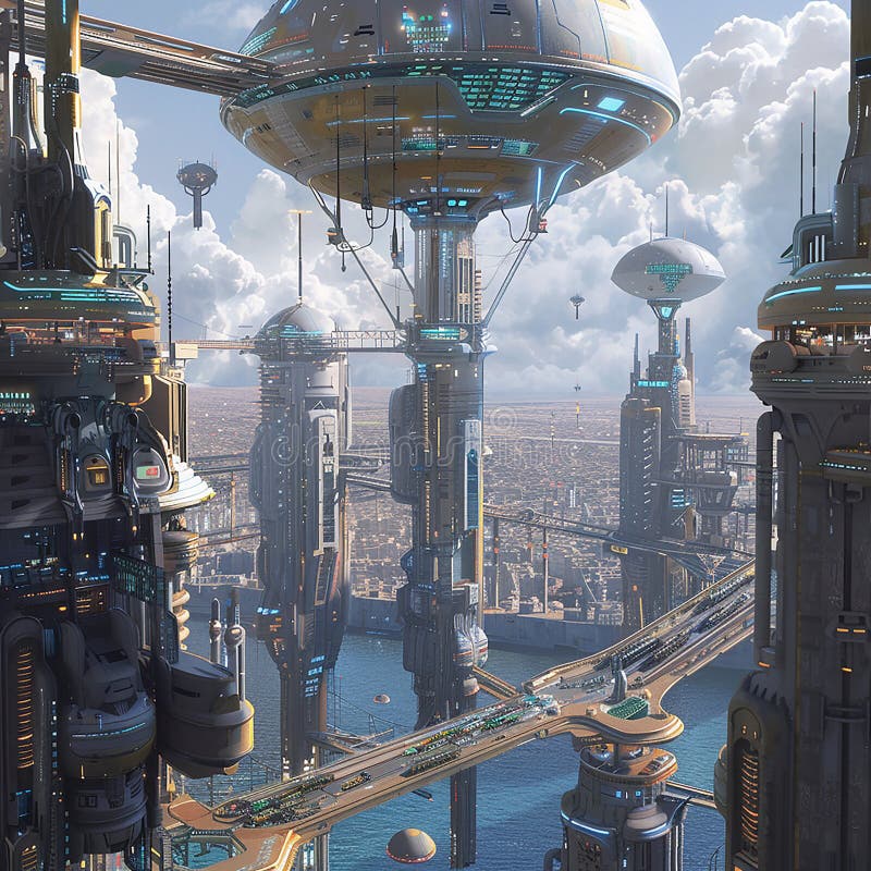 Future Cyber City with Large Technical Building and Lights Stock ...