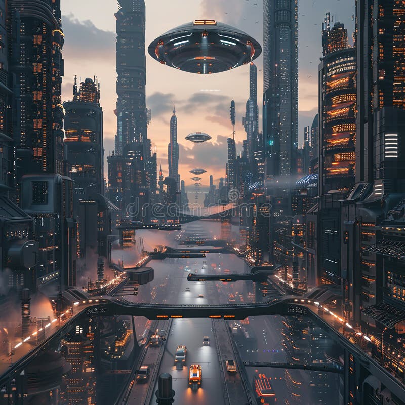 Future Cyber City with Large Technical Building and Lights Stock ...