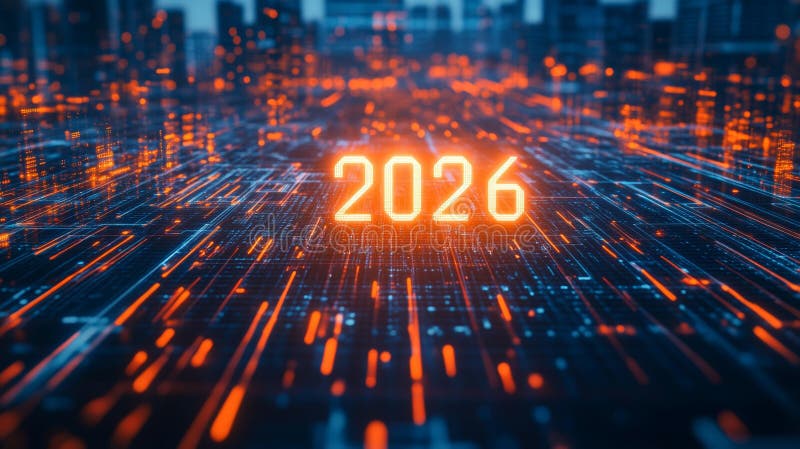 Future Digital Landscape Showcasing the Year 2026 with Vibrant Orange ...