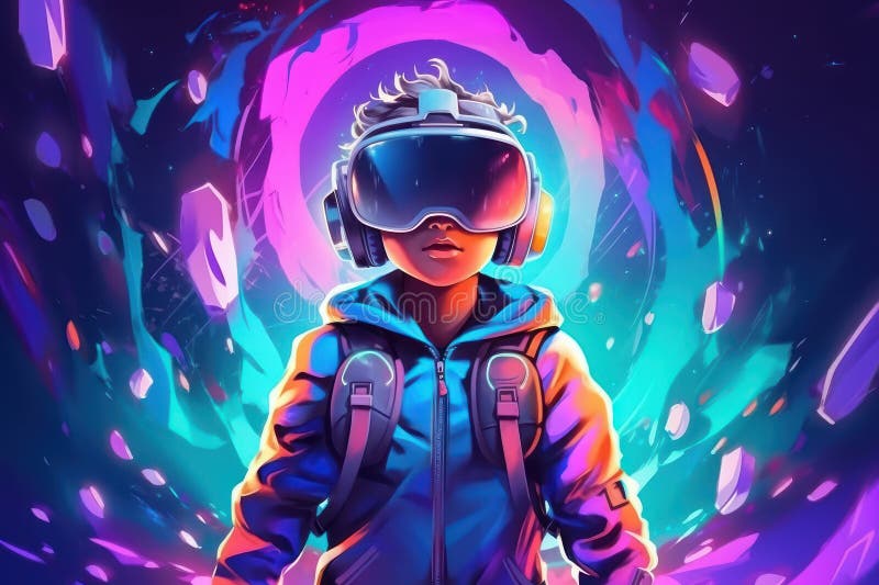 Future Digital Technology. Boy in Virtual Reality Glasses. Beautiful ...