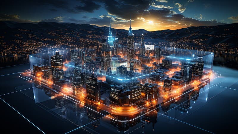 Future Digital Technology Network Background with World Night City Map ...