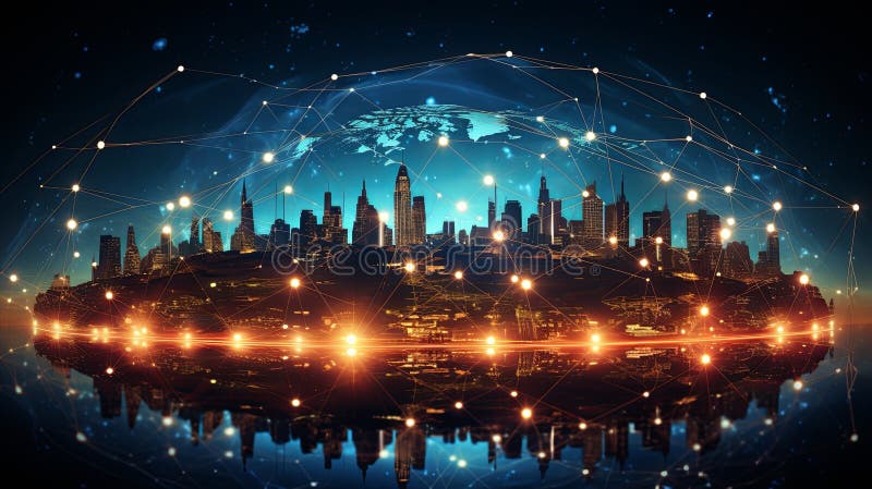 Future Digital Technology Network Background with World Night City Map ...