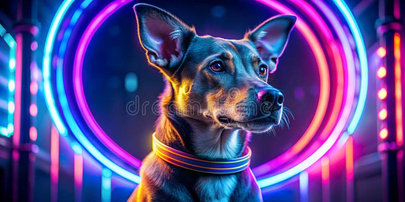 Future Dog is Wearing Neon Collar Neon Lights at Background Creative AI ...