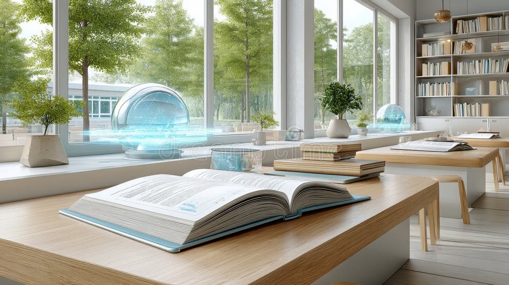 Exploring the Future of E-Learning Innovation with Books and Technology on a Table Stock ...