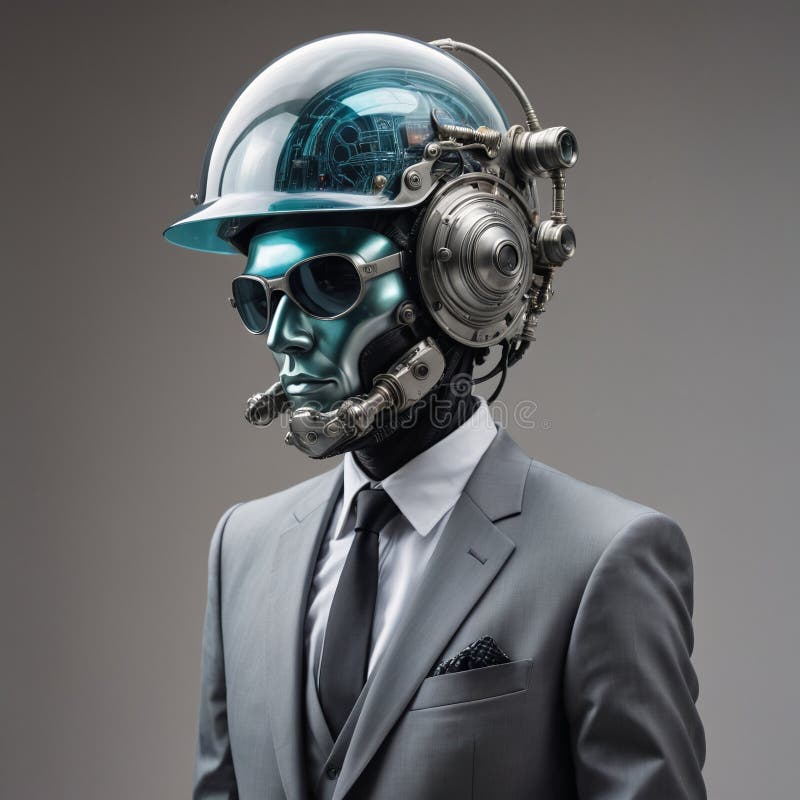 Future Fusion Cyberpunk Surrealism with Man in Suit and Helmet Stock ...
