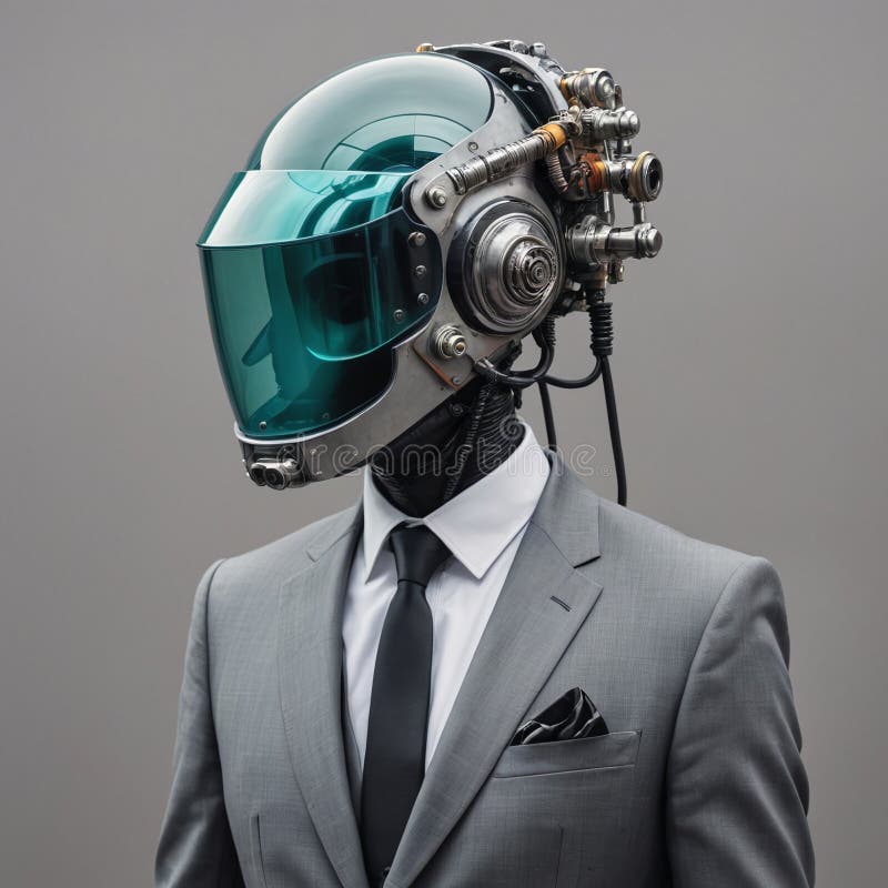 Future Fusion Cyberpunk Surrealism with Man in Suit and Helmet Stock ...