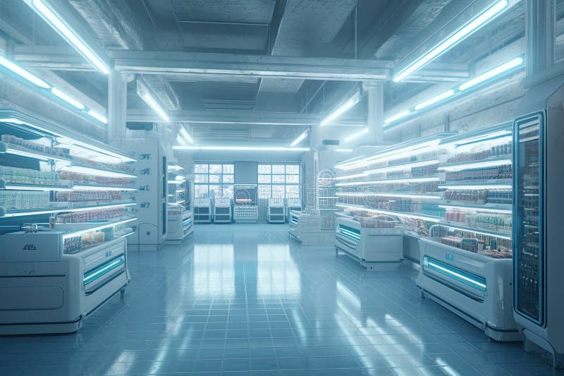 Future of Grocery Shopping with a Modern Supermarket Interior, Equipped ...
