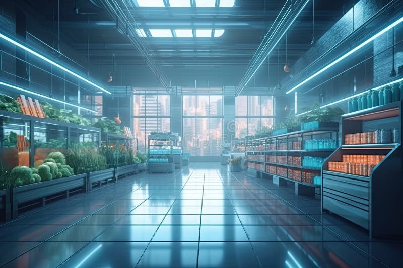 Future of Grocery Shopping with a Modern Supermarket Interior, Equipped ...