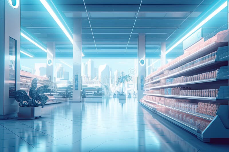 Future of Grocery Shopping with a Modern Supermarket Interior, Equipped ...