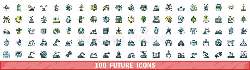 100 Future Icons Set, Color Line Style Stock Vector - Illustration of ...