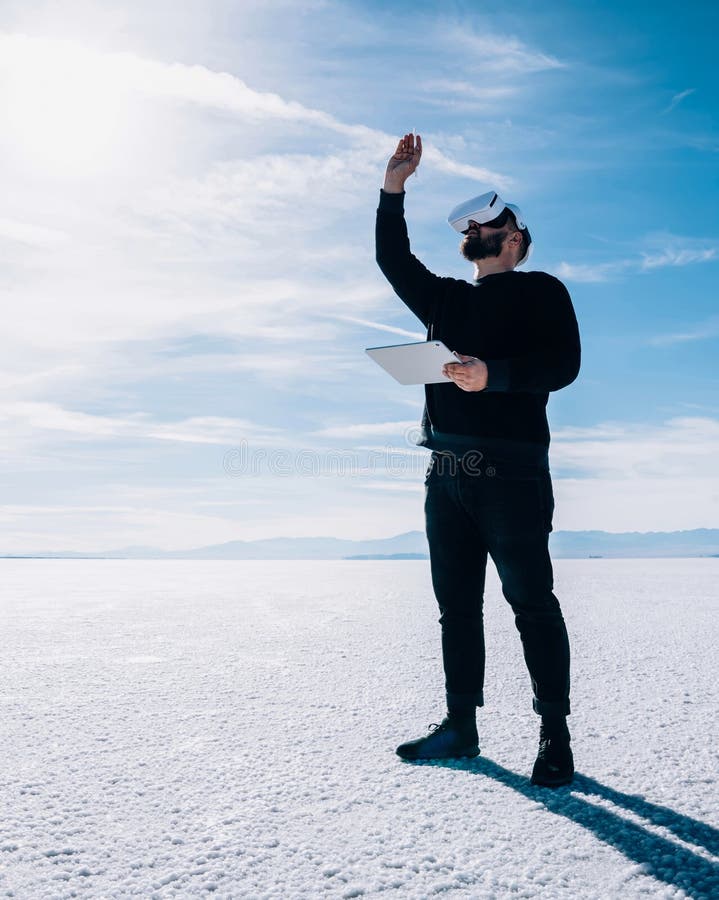 .Future Innovative Technology,man in VR Headset Creating Details with ...