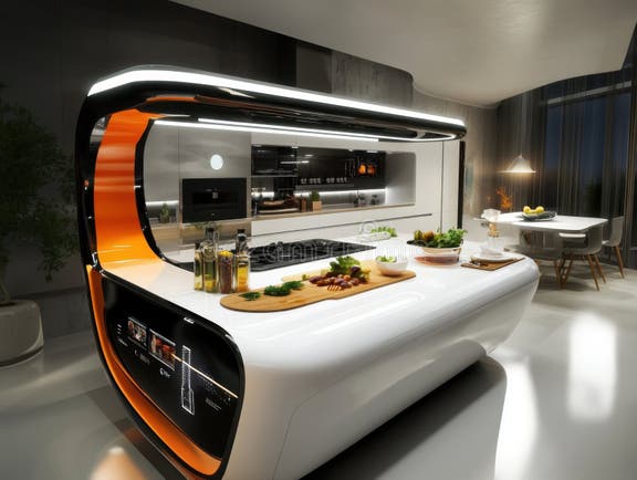 Modern Kitchen Interior in Black and Orange Tones. 3d Render. Generative AI Illustration Stock ...