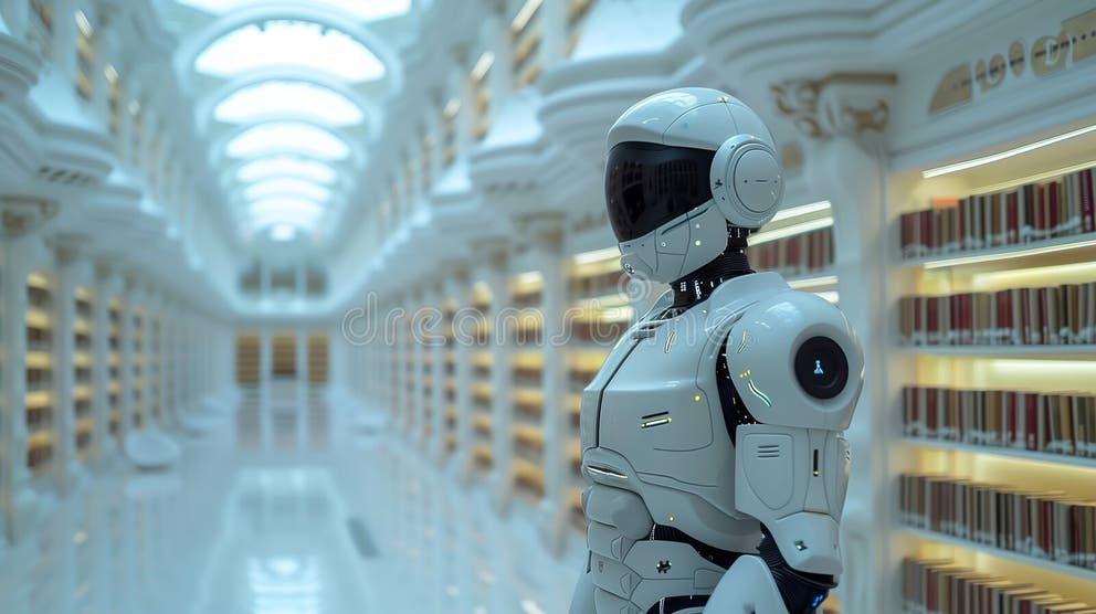 Future Library with Humanoid Robots Offering Assistance Stock Photo ...