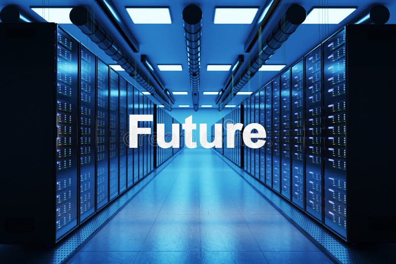 Future Logo in Large Modern Data Center with Multiple Rows of Network ...