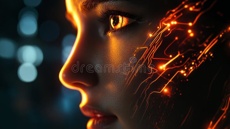 Future-looking Abstract Female Face Illuminated by Neon Lights Stock ...