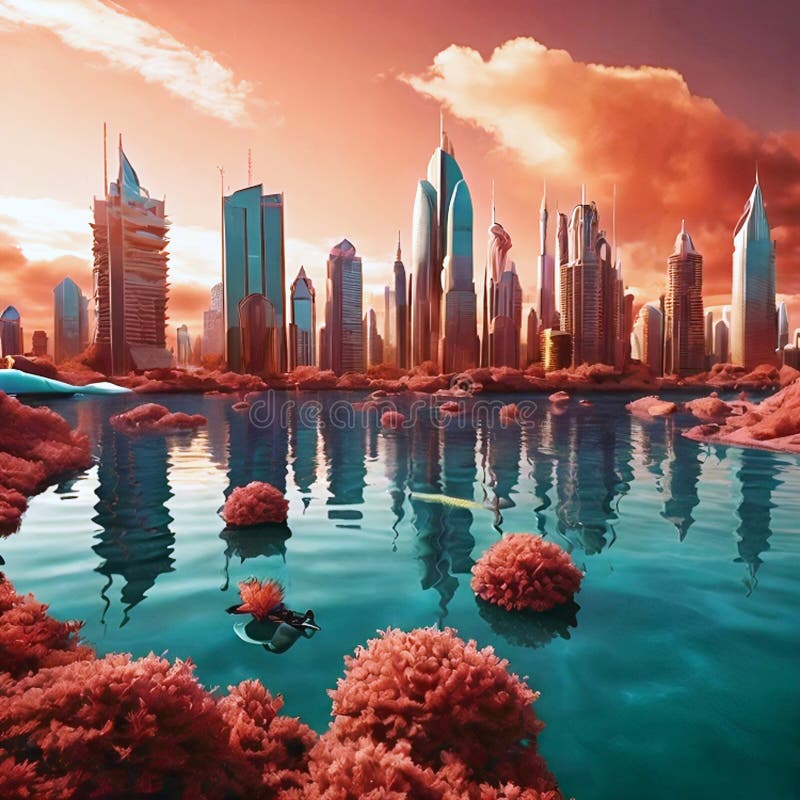 The Future Modern City Stands on the Edge of the River, 3d Animation ...