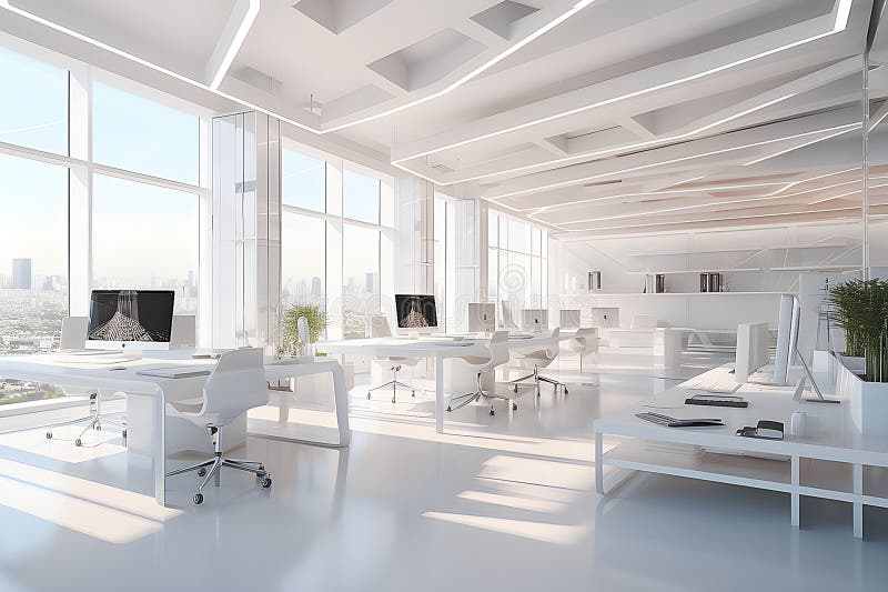 Future Modern Workplace, Light Color. Generative AI Stock Illustration ...