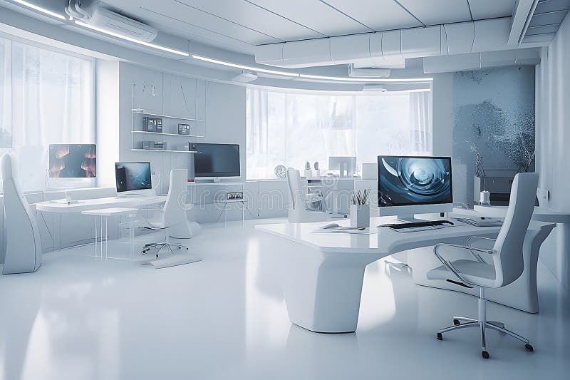 Future Modern Workplace, Light Color. Generative AI Stock Illustration ...