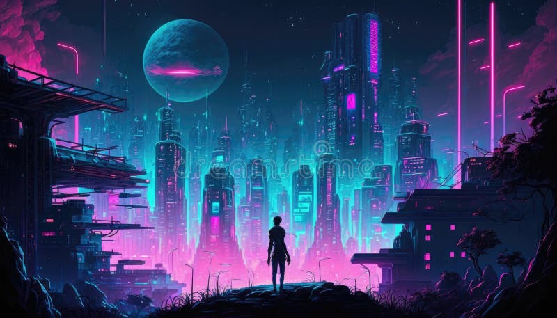 The Future is Neon Dreamscape Desktop Wallpaper. Generative AI Stock ...