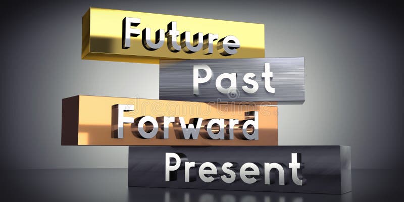 Future, Past, Forward, Present - Words on Metal Blocks Stock ...
