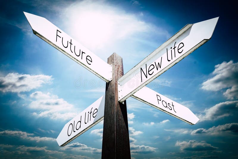 Future, Past, Old Life, New Life Concept - Signpost With Four Arrows ...
