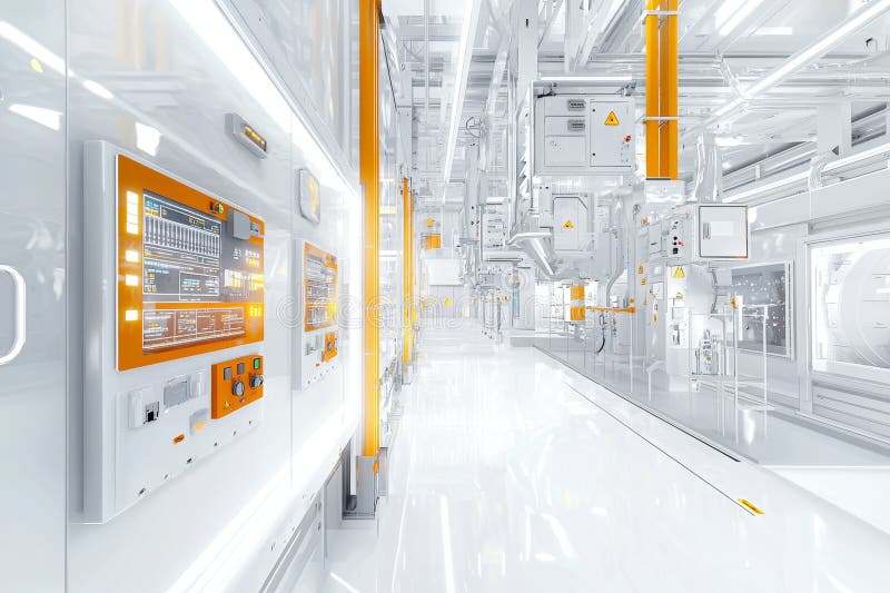 Future Semiconductor Manufacturing Factory or Laboratory Interior with Computer Screen and ...