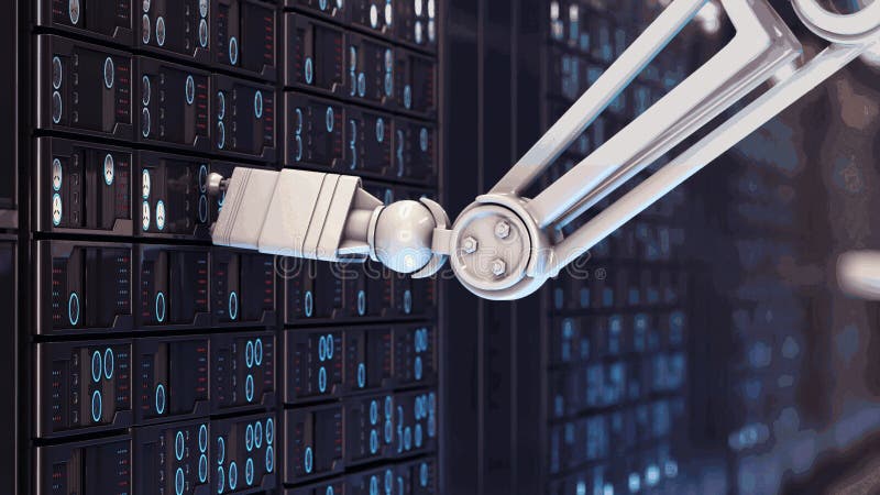 Server Room with a Robot Being Set by an Engineer with a Computer Stock ...