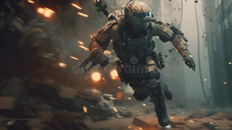 Future Soldier Leaps Over Debris, Digital Art Illustration, Generative ...