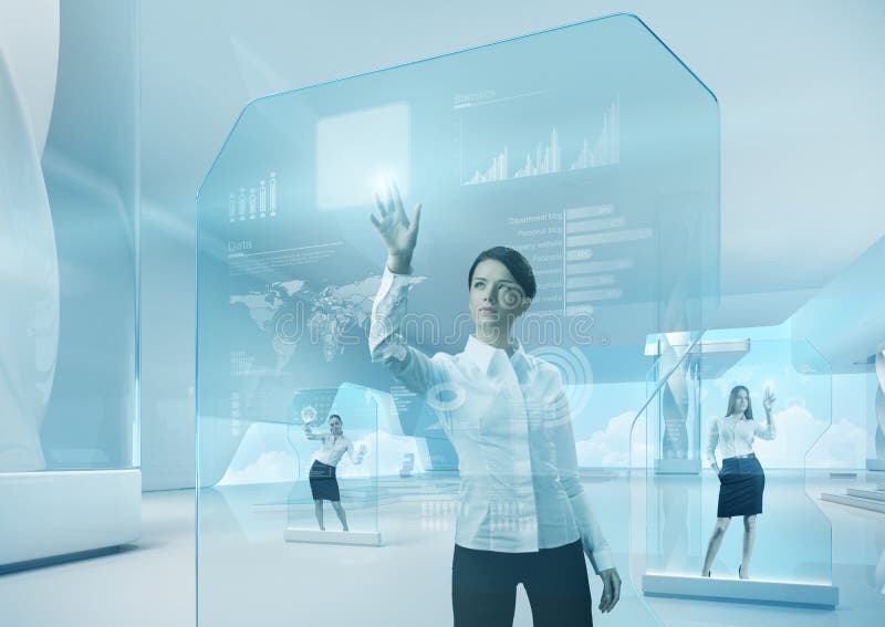 Future Technology. Girl Press Button Touchscreen Interface. Stock Photo ... Future Technology. Girl Press Button Touchscreen Interface. Stock Photo ...