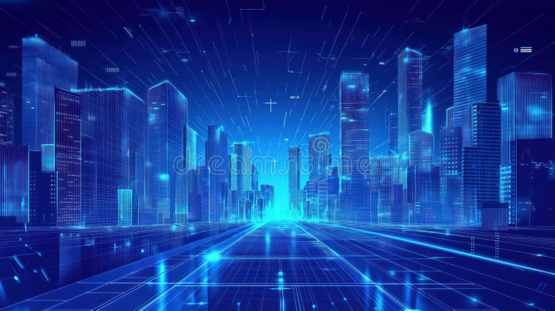 Future Tech City Skyline with Blue Glow. Modern Buildings with Digital ...