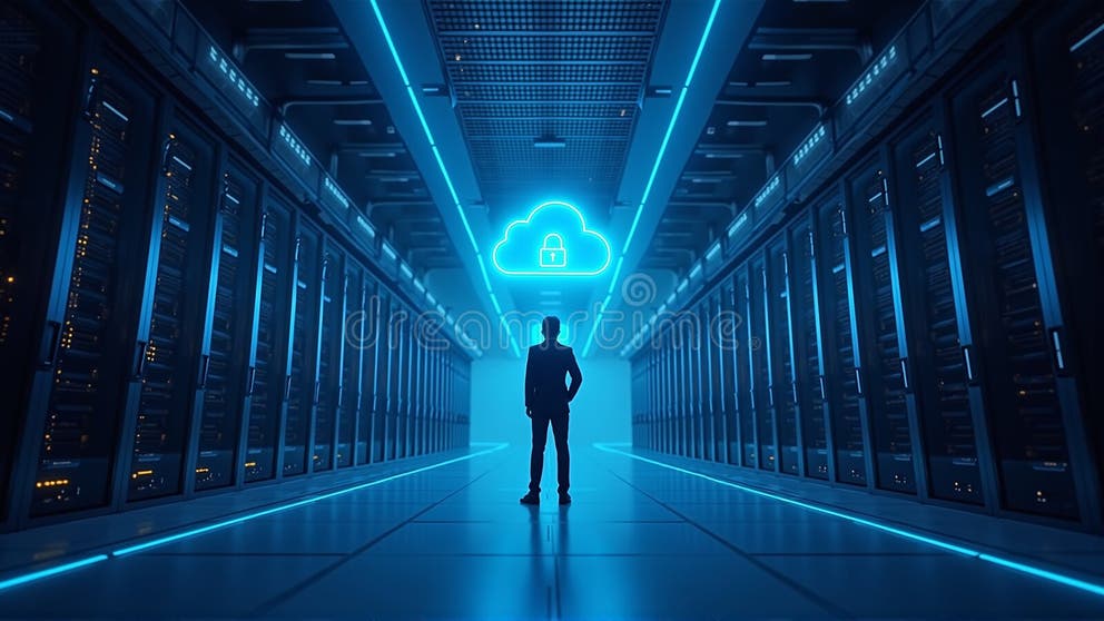 Future Tech Corridor: Cloud Computing Hub Stock Illustration - Illustration of future, center ...