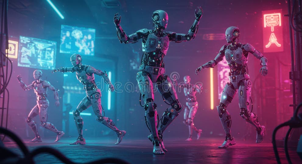 Future Tech Dance Party with Robotic Dancers in Neon Cyberpunk Setting ...