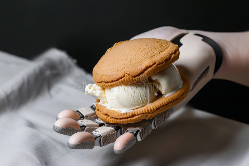 Future Tech Hand with an Ice Cream Cookie Sandwich Stock Image - Image ...