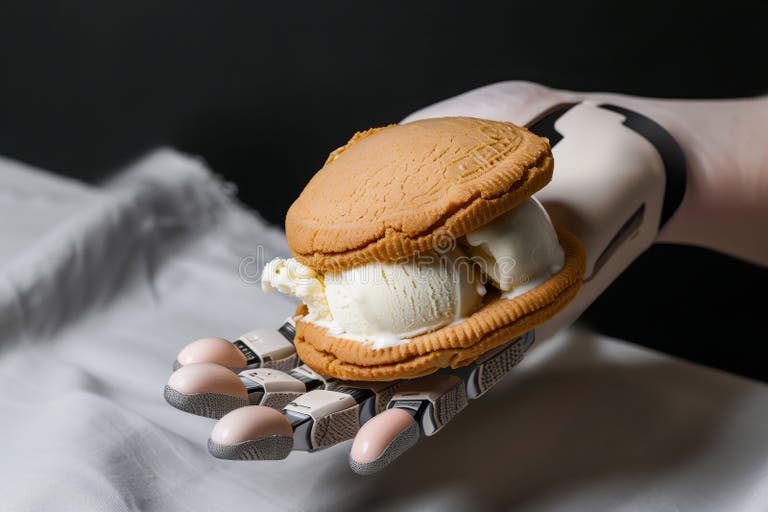 Future Tech Hand with an Ice Cream Cookie Sandwich Stock Image - Image ...