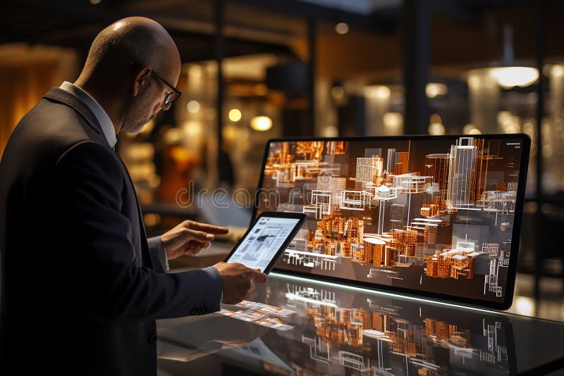 Future Technology, Businessman Working on Computer, Virtual Panel in ...