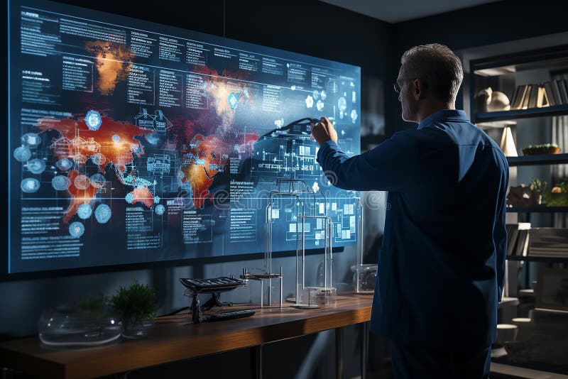 Future Technology, Businessman Working on Computer, Virtual Panel in ...