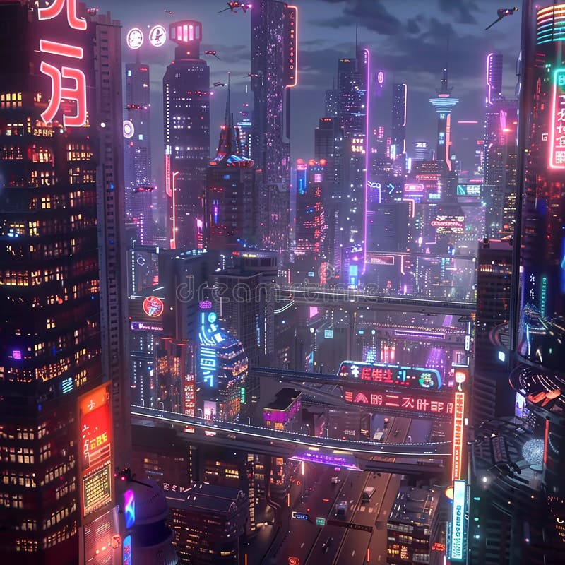 Future Cyber City with Large Technical Building and Lights Stock ...