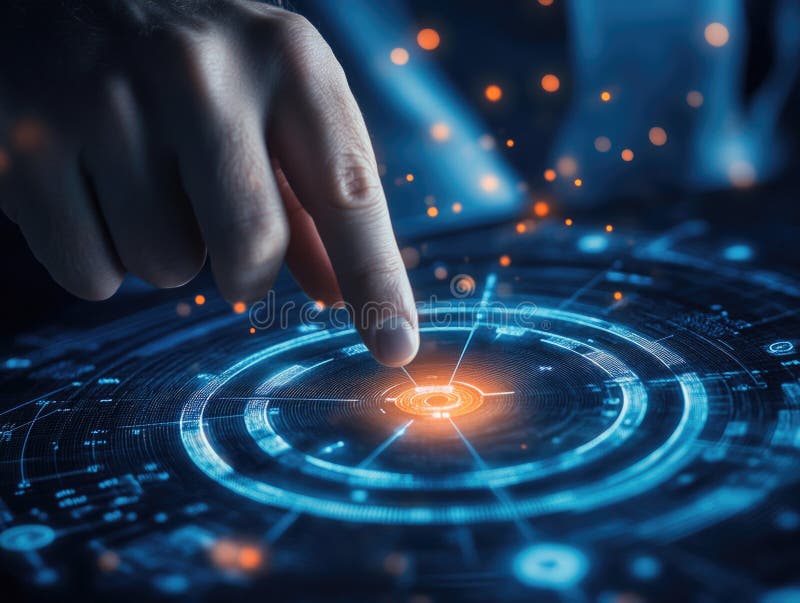 Future Technology Concept with Hand Pointing To Touch Screen Stock ...