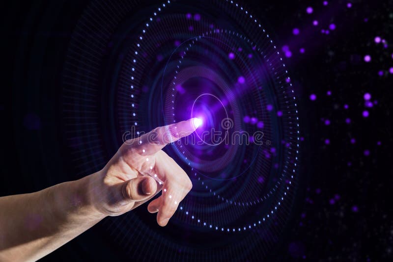 Future Technology Concept with Man Finger Touching Virtual Digital ...
