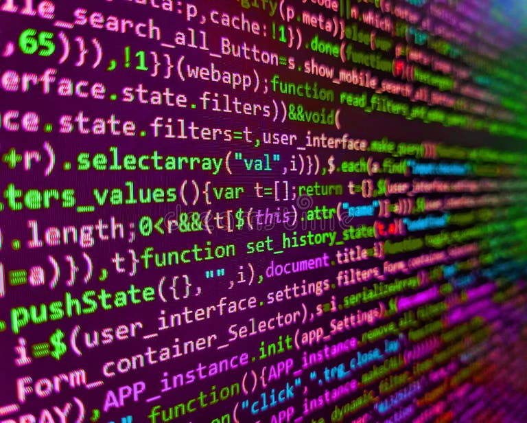 Future Technology Creation Process. Programming Coding with Editor Colorful Themes. Code on Dark ...