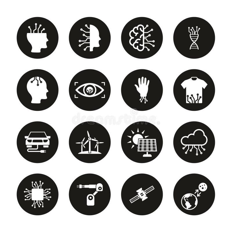 Future Technology Icons White on Black Circle Set Stock Vector ...